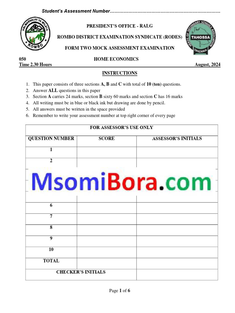 Home Economics Mock Exam 2024 | PDF | Clothing | Sewing Machine