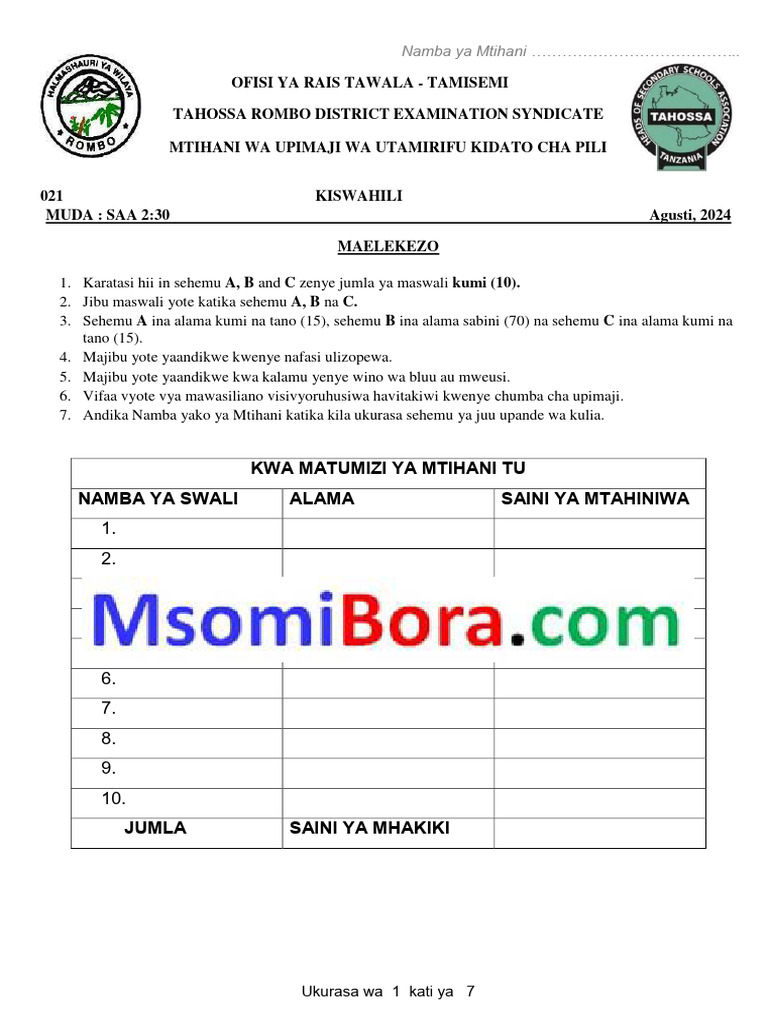 Kiswahili - Exam N Answers | PDF