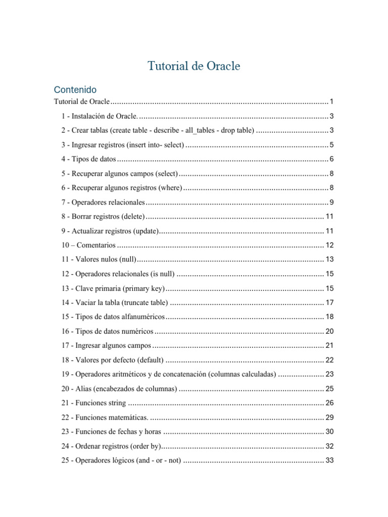Tutorial de Oracle parte 1 | PDF | Cadena (informática) | Tipo de datos
