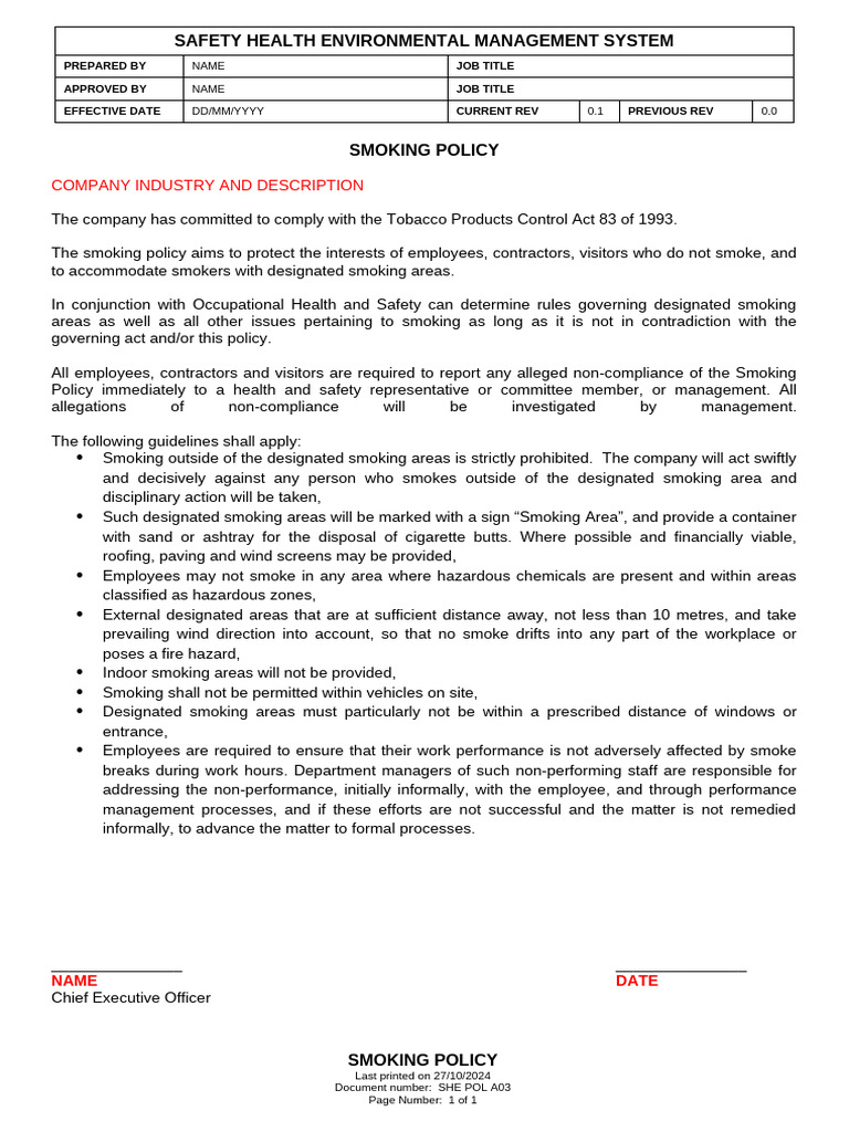 SHE-POL-A03 Smoking Policy (A) | PDF | Tobacco Smoking | Addiction