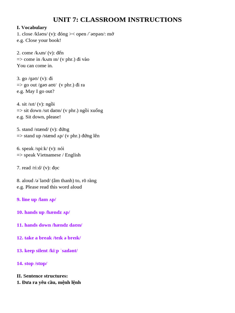 Unit 7 - Classroom Instructions | PDF