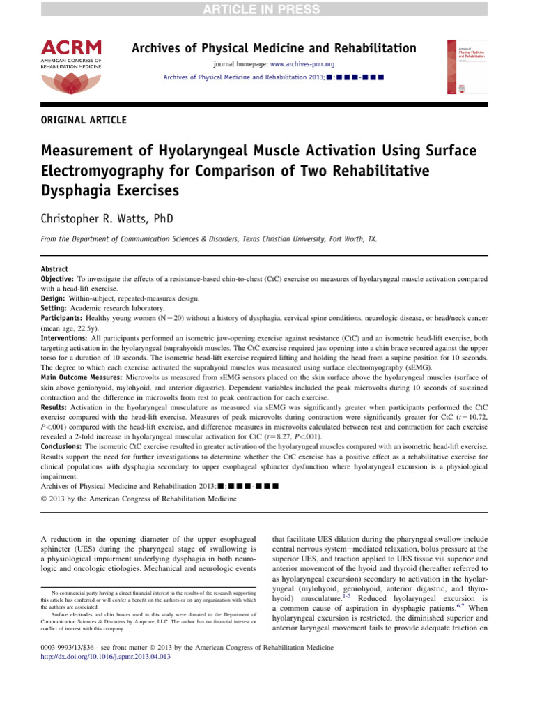 2013 Watts Study of Chin To Chest Exercise | PDF | Electromyography ...