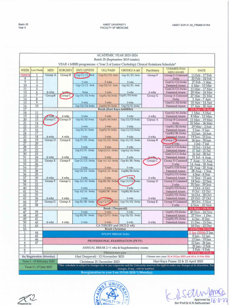 Batch 25 Year 4 Academic Calendar | PDF