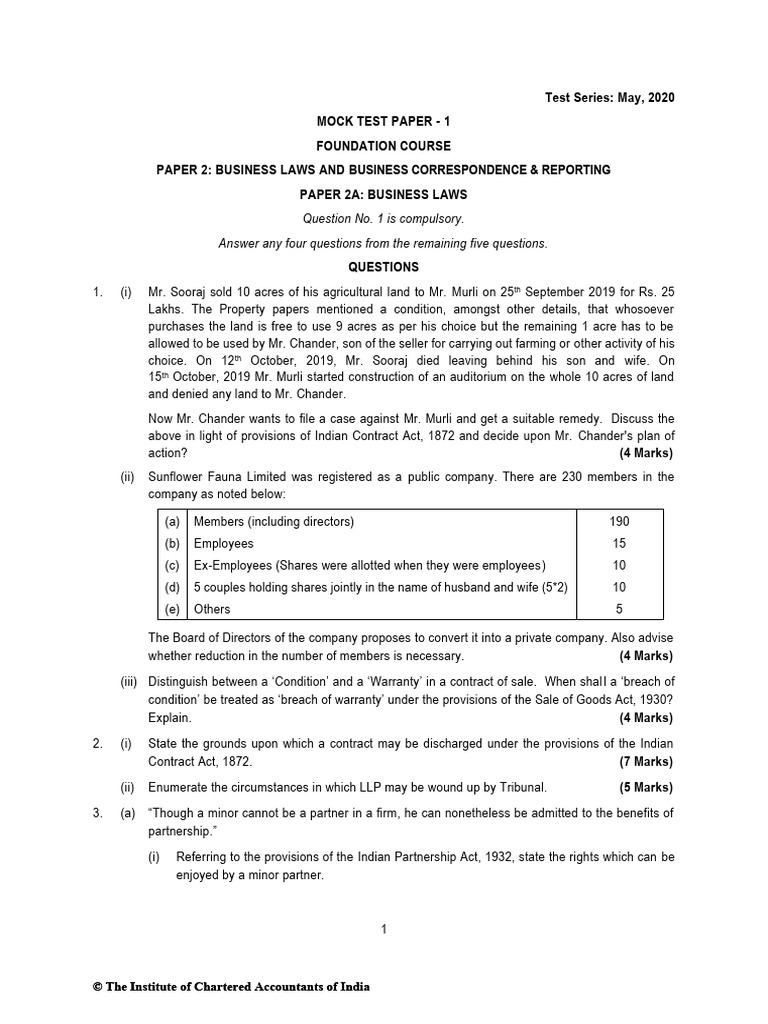 Test Series: May, 2020 Mock Test Paper - 1 Foundation Course Paper 2 ...