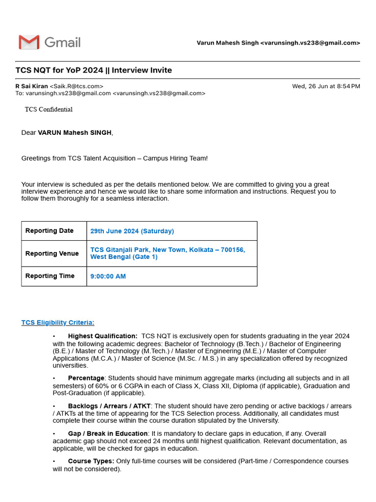 TCS NQT For YoP 2024 - Interview Invite | PDF | Postgraduate Education