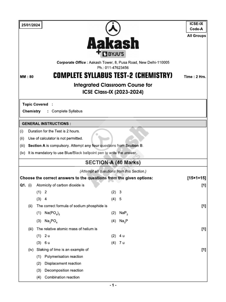 ICSE CST-2A - All Groups (C-09) - Chemistry (25!01!2024) | PDF