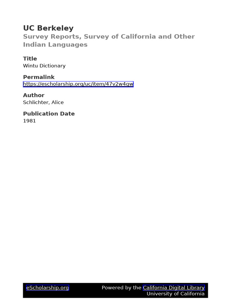 Wintu Dictionary - UC Berkeley Survey | PDF | Social Science | History