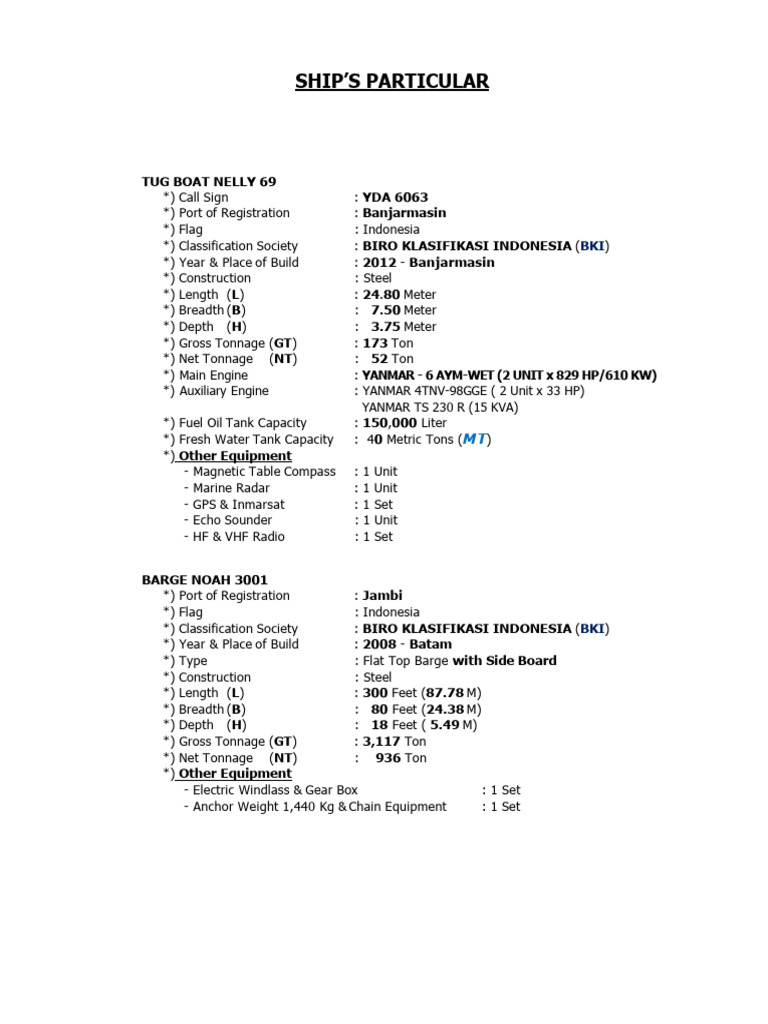 Ship's Particulars for Sea Transport Agreement | PDF