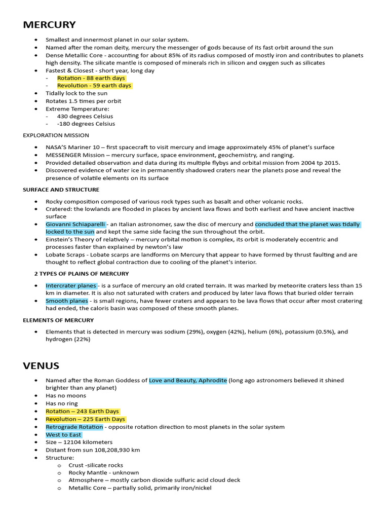 Juliana Bonol, Astro (Solar System Notes) | PDF | Mars | Mercury (Planet)