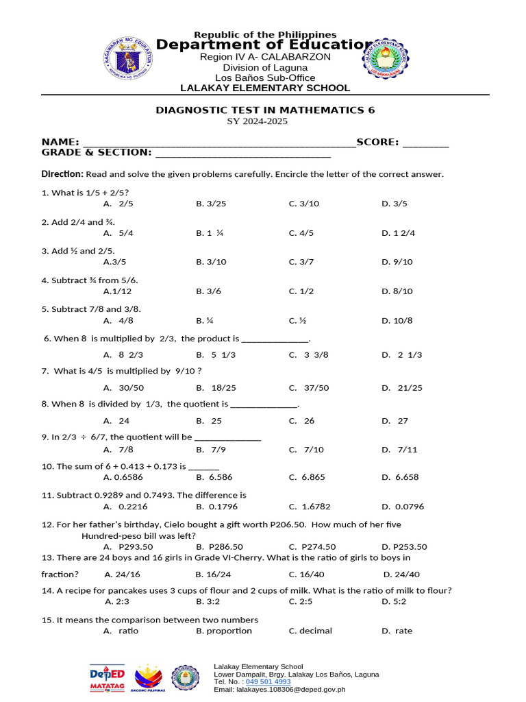 Diagnostic Test for Grade 6 Mathematics | PDF | Triangle | Ratio