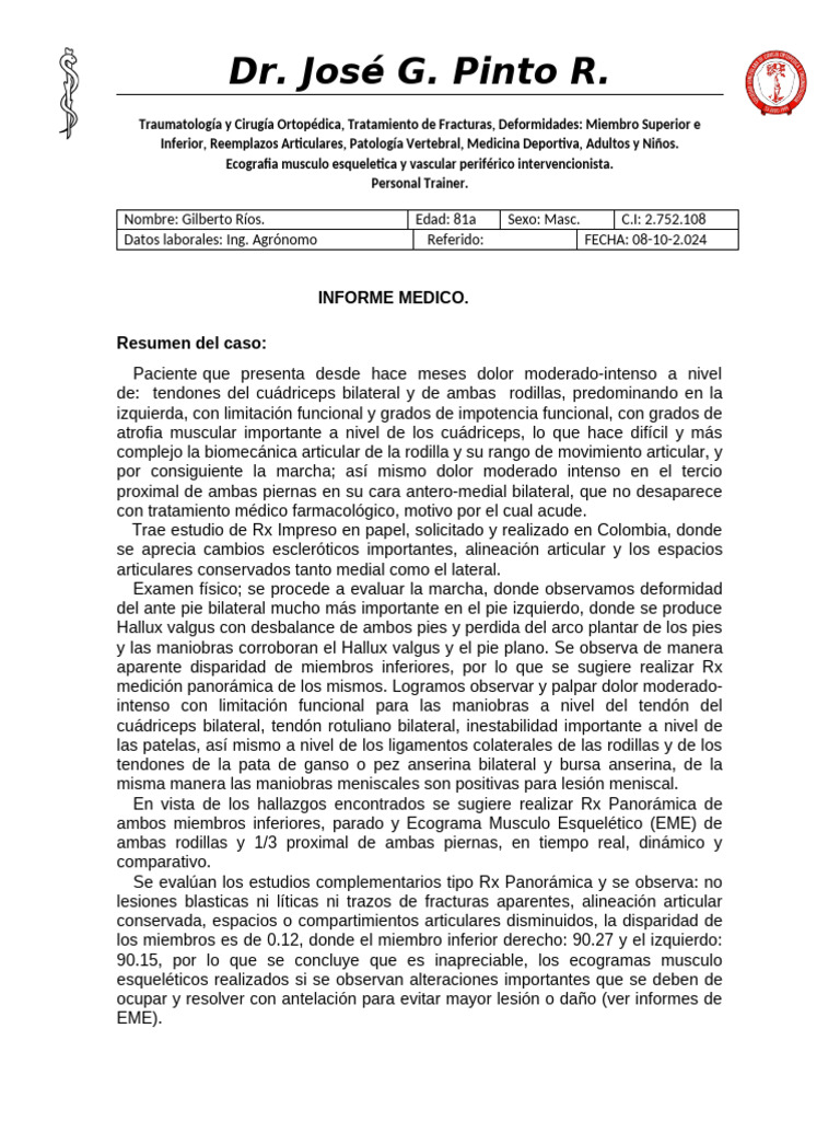 Informe Medico Gilbeto Rios 08-10-2024 D | PDF | Rodilla | Traumatologia