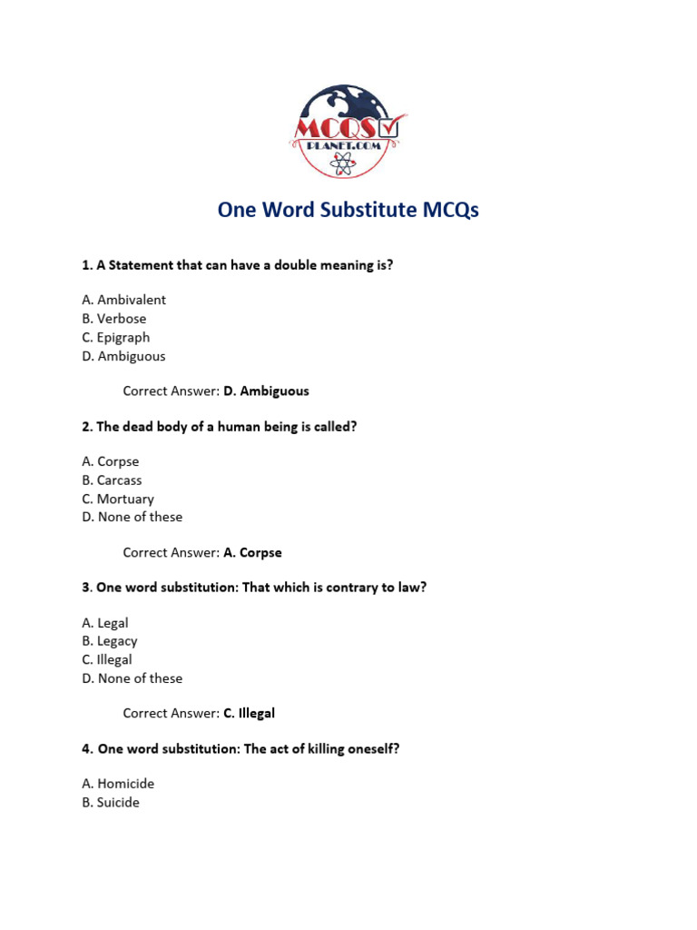One Word Substitute MCQs Part-2 | PDF