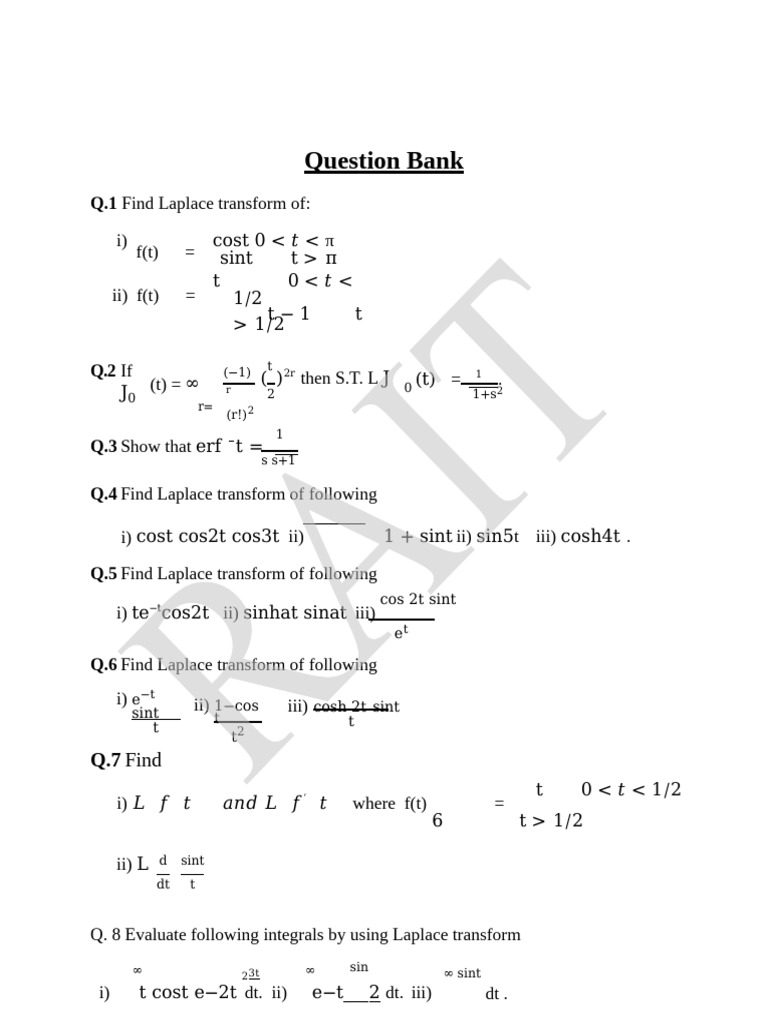 Question Bank Laplace Transform | PDF