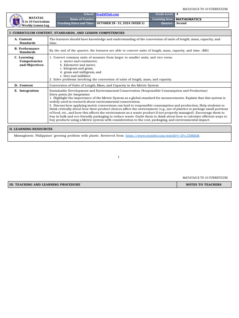 DLL Matatag - Math 4 Q2 W5 | PDF | Kilogram | Litre