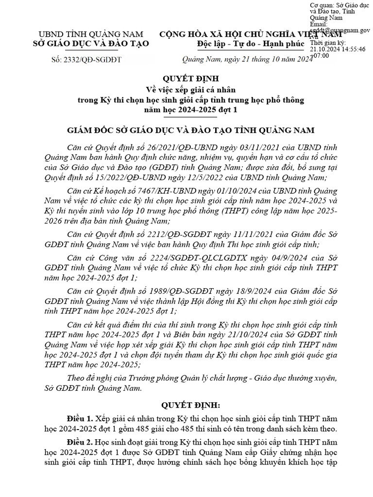 QD 2332 - Xep Giai Ky Thi Chon HSG Cap Tinh THPT Nam Hoc 2024-2025 Dot 1.signed | PDF
