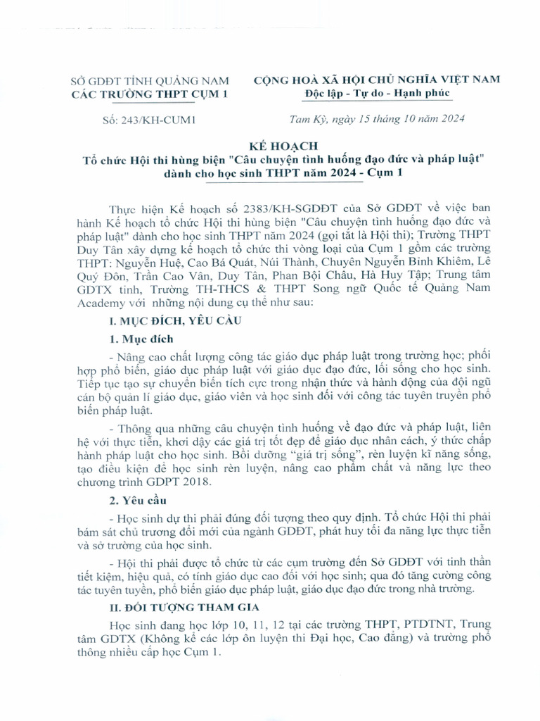 Kế hoạch Tổ chức Hội thi hùng biện Câu chuyện tình huống đạo đức và pháp luật dành cho HS tHPT ...