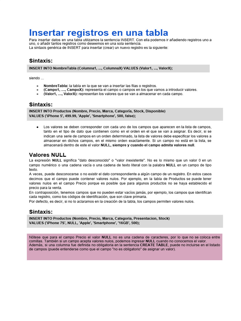 Bases de Datos - Insertar Registros en Tabla | PDF | Informática ... Bases de Datos - Insertar Registros en Tabla | PDF | Informática ...