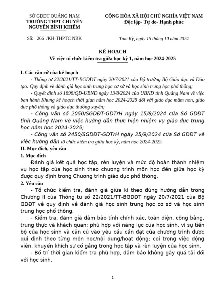 266. KẾ HOẠCH KIỂM GIỮA HK1 (2024-2025) | PDF