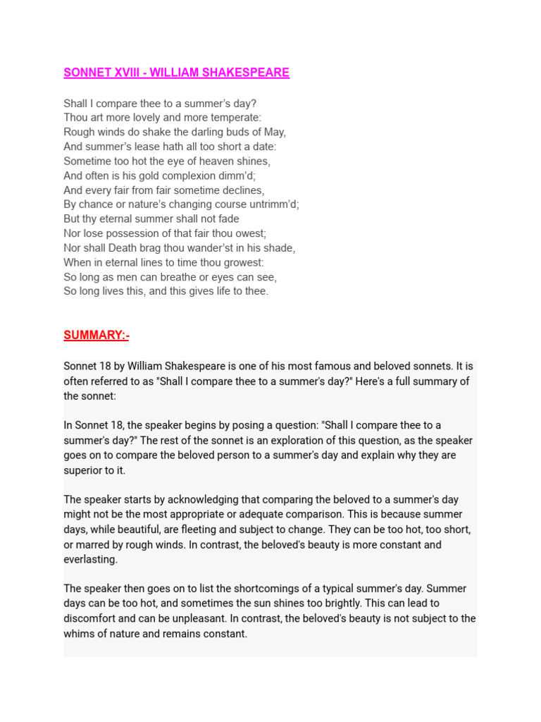Sonnet Xviii - William Shakespeare | PDF | Poetry | Sonnets