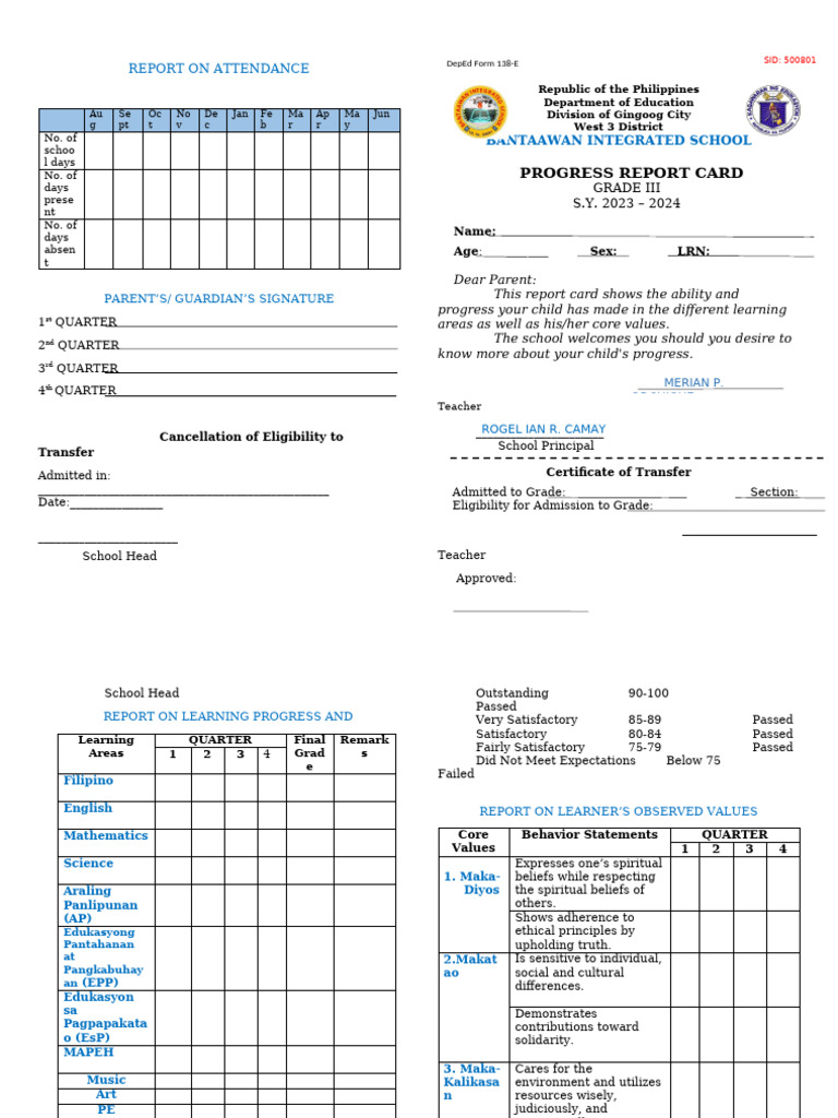 FORM 138 (Grade 3) | PDF | Behavior Modification