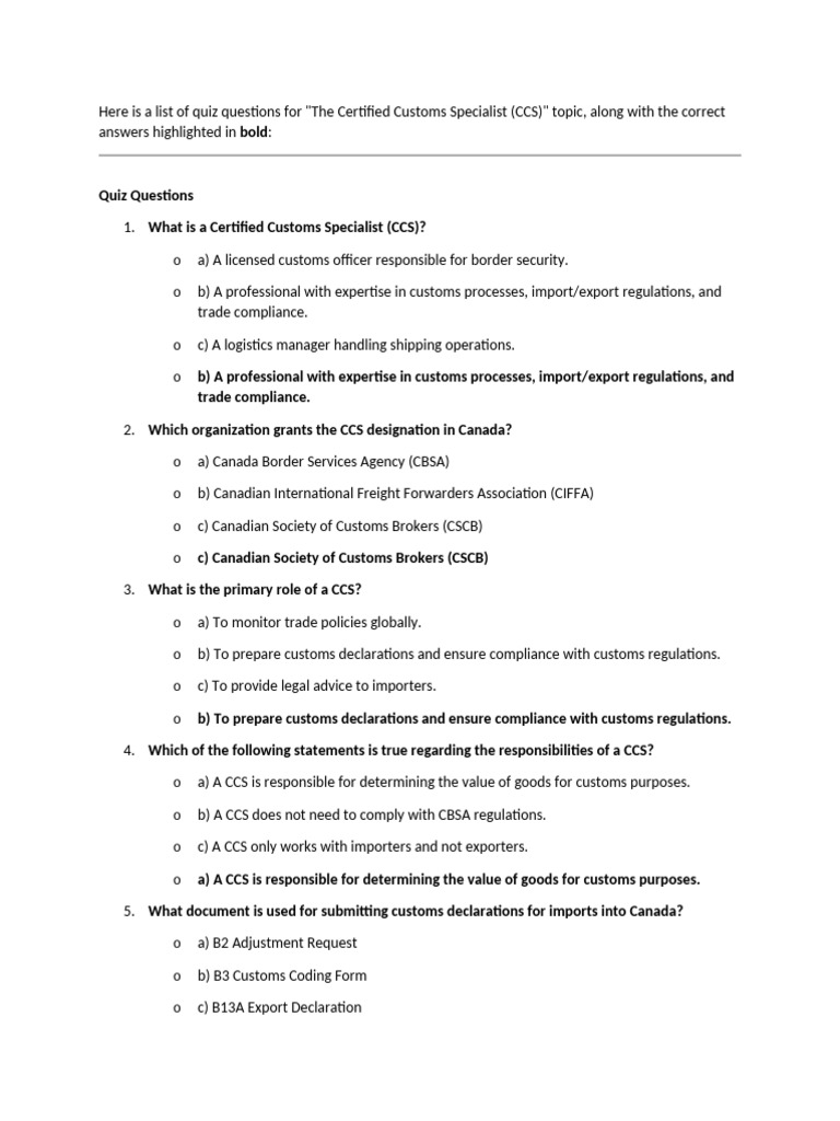 CCS Exam Quiz Questions and Answers | PDF | Customs | Business