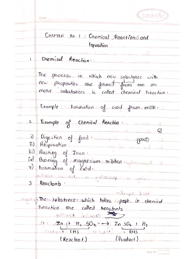 Chemical Reaction and Equation Notes. Class 10th. | PDF