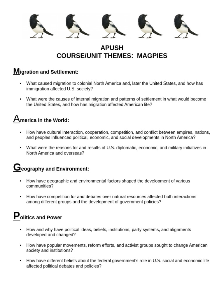APUSH Themes: MAGPIES Overview | PDF | The United States | Society