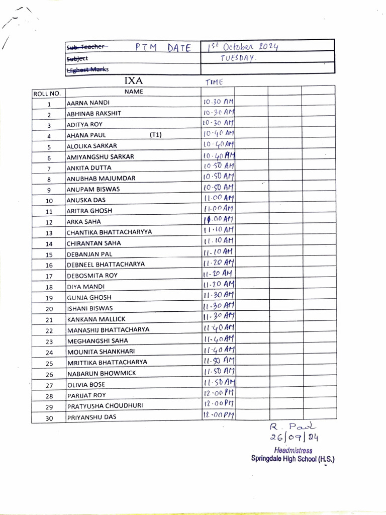PTM 2024-Schedule Class 9A | PDF