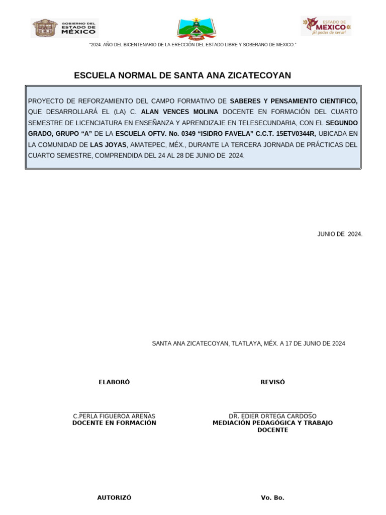 PORTADA Y HOJA DE FIRMAS PLANEACIÓN Perla - 074027 | PDF | Ciencias ...