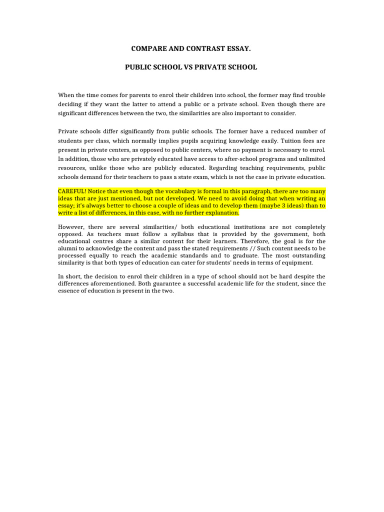 COMPARE AND CONTRAST ESSAY. Public School Vs Public School | PDF