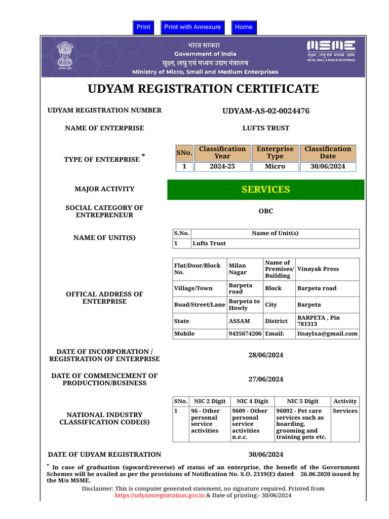 Print - Udyam Registration Certificate | PDF