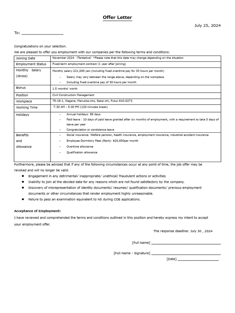 Kitisyo Jyuken_Sample Offer Letter (1) | PDF | Employment | Salary
