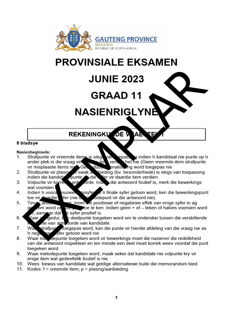Grade 11 Provincial Examination Accounting P1 (Afrikaans) June 2023 Possible Answers | PDF