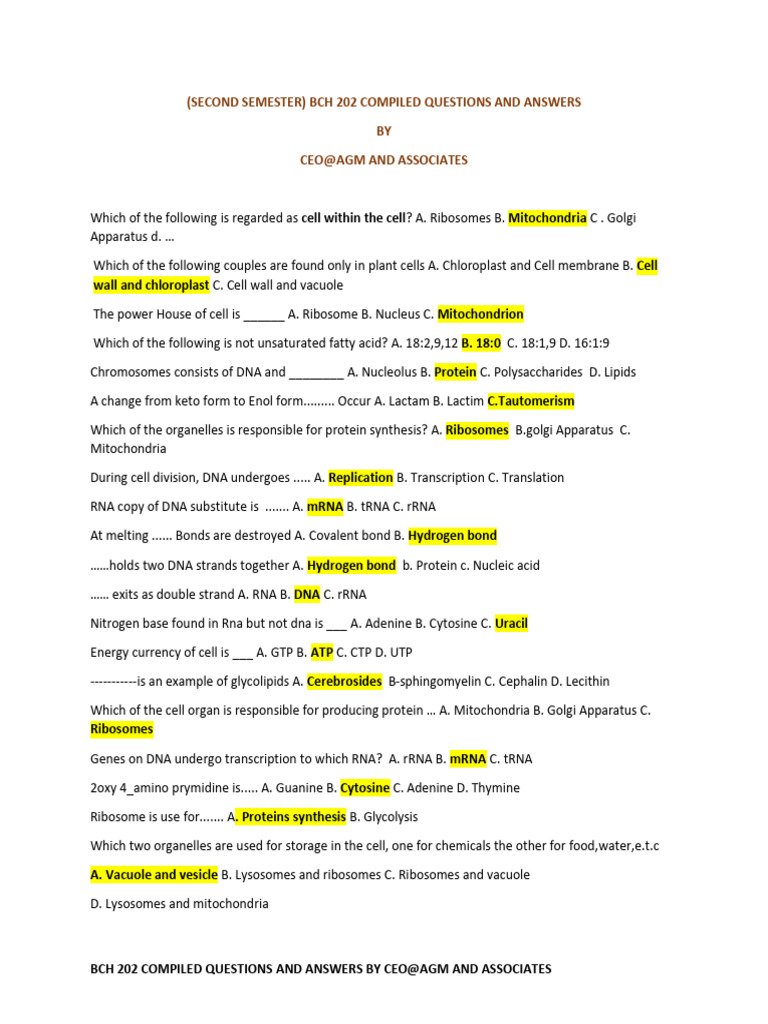 BCH 202 (Second Semester) COMPILED QUESTIONS AND ANSWERS BY CEO@AGM AND ...