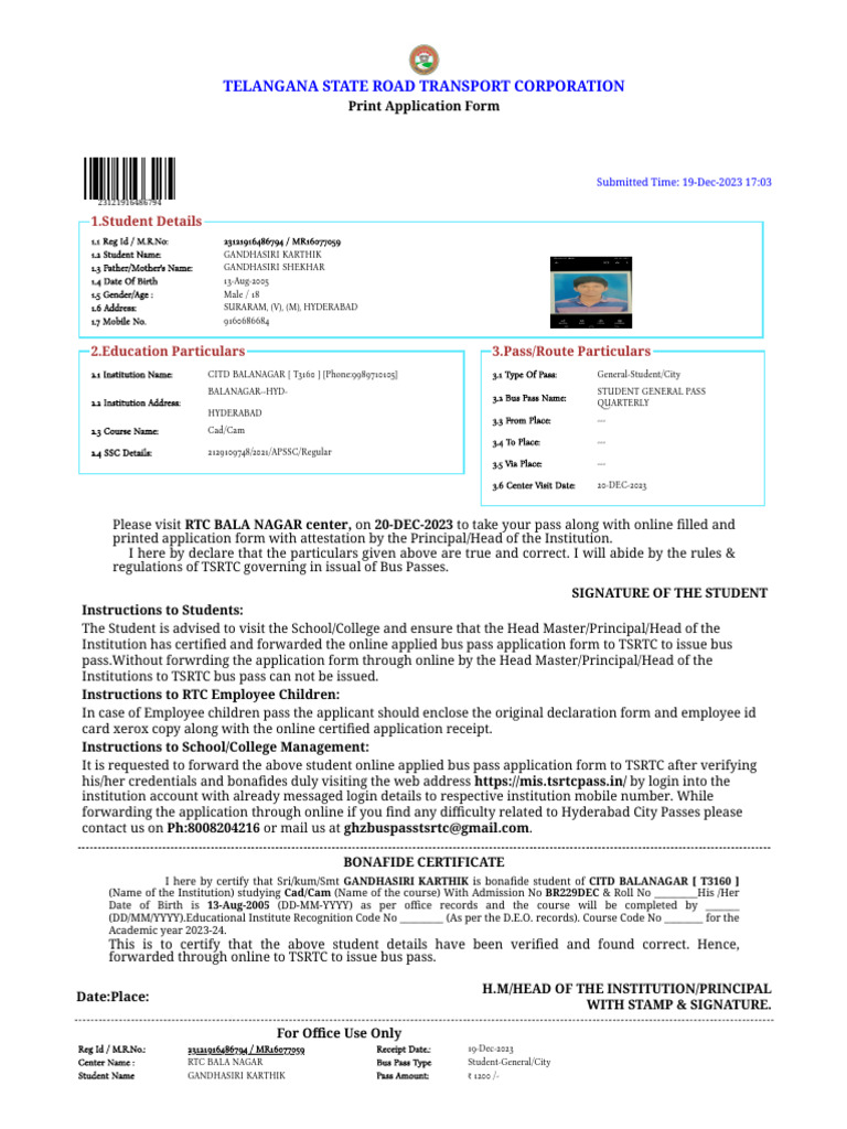 TSRTC Bus Pass | PDF