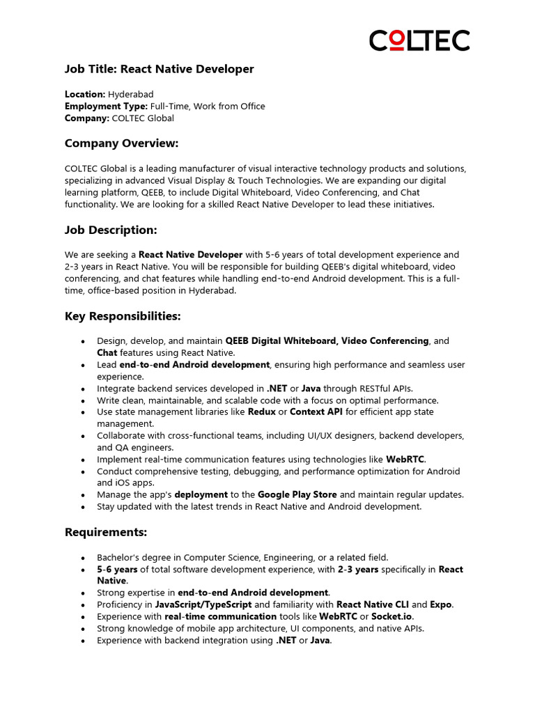 React Native Developer Wanted | PDF | Mobile App | Android (Operating ...