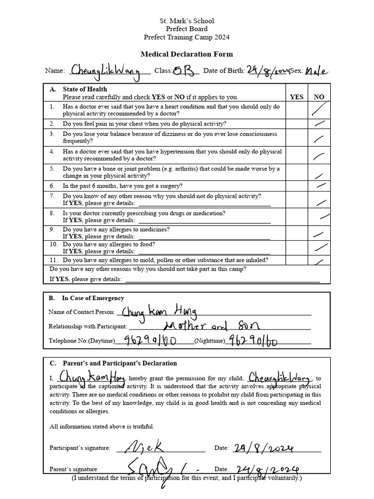 Prefect Camp Medical Declaration Form - 2024 | PDF | Medical Specialties | Health Care