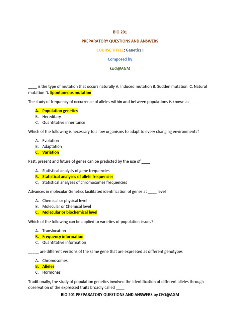 BIO 201 PREPARATORY QUESTIONS AND ANSWERS by CEO@AGM | PDF | Zygosity ...