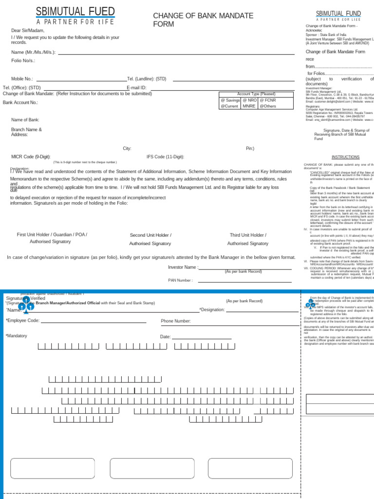 SBI Mutual Fund Bank Change Form | PDF | Banks | Financial Services