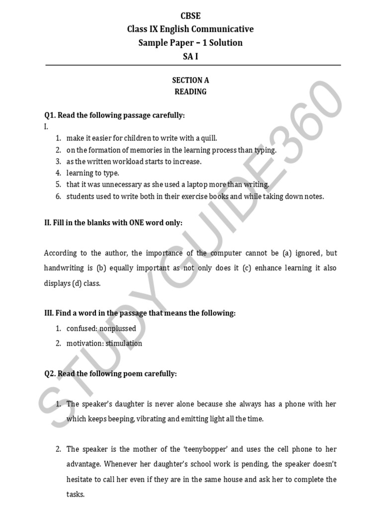 Class 9 English Communicative Sa1 Sample Paper 1 Solutions | PDF