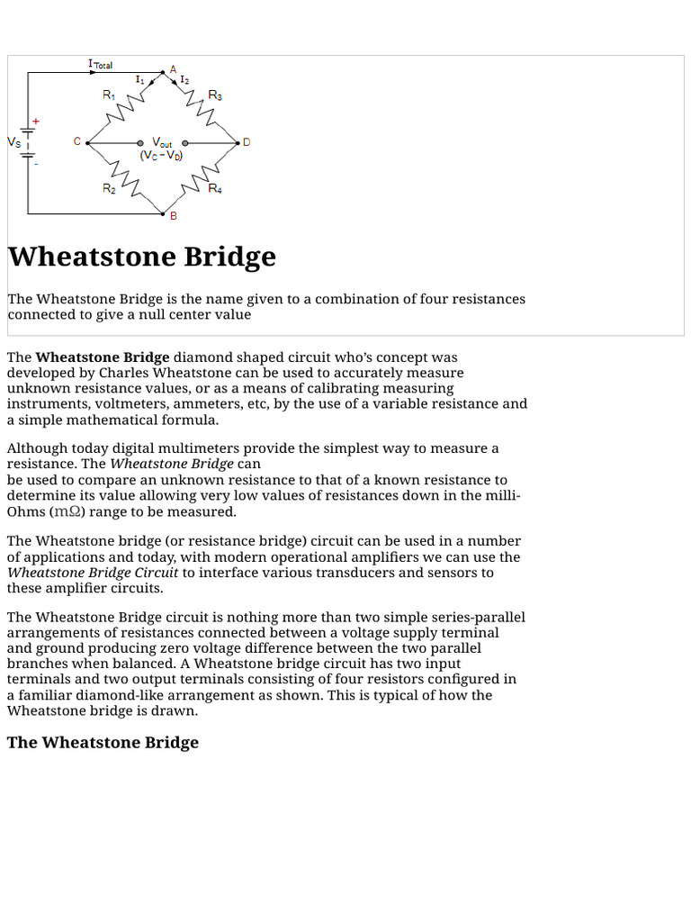 Wheatstone Bridge Circuit and Theory of Operation | PDF | Resistor ...
