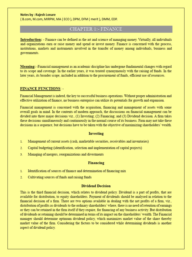 Financial Management Notes Neo Final | PDF | Securities (Finance ...