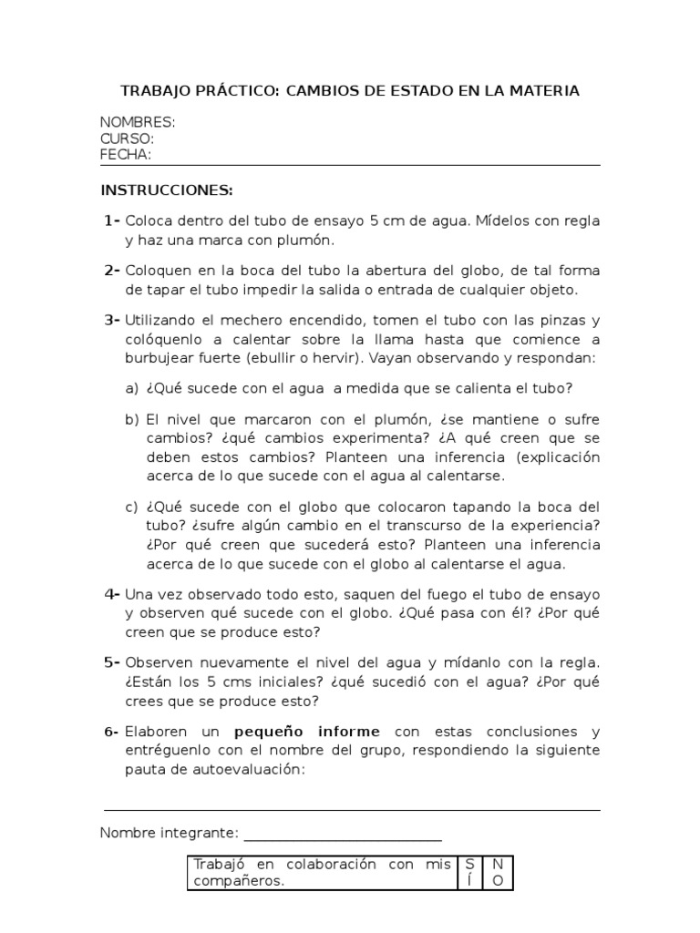 TRABAJO PRÁCTICO Cambios de Estado en La Materia | PDF