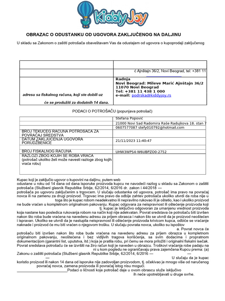 Obrazac o Odustanku Od Ugovora Zakljucenog Na Daljinu - 39070 | PDF