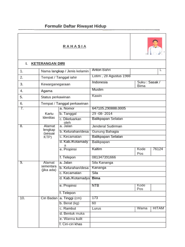 Formulir Riwayat Hidup Anton Bahri | PDF