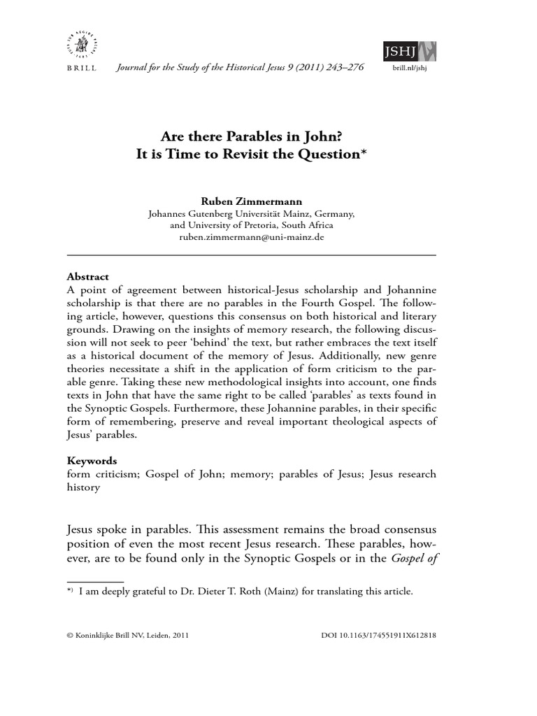 Zimmermann - Are There Parables in John It Is Time To | PDF | Gospel Of ...