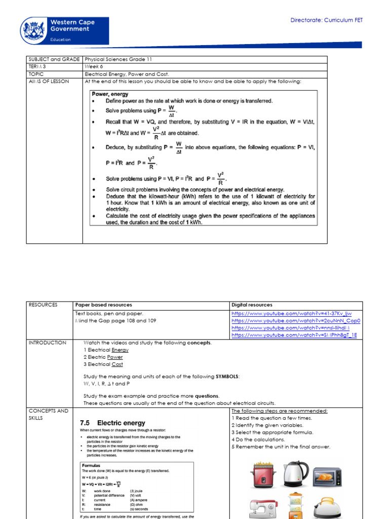 Physical Sciences Grade 11 Term 3 Week 6 - 2020 | PDF | Watt