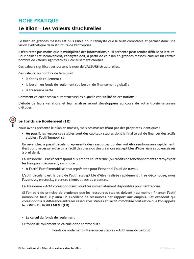 Bilan et Valeurs Structurelles Essentielles | PDF | Fonds de roulement ...