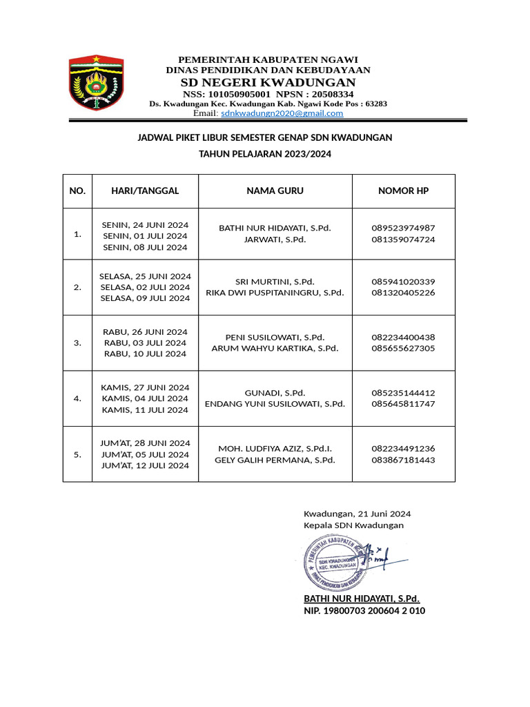 Jadwal Piket Libur Semester Genap SDN Kwadungan | PDF