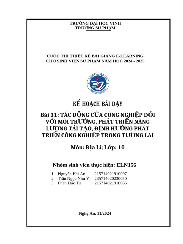 DỰ THI THIẾT KẾ BÀI GIẢNG LMS - KHBD - Bài 31 Tác động của công nghiệp đối với môi trường | PDF